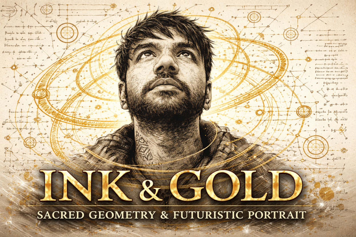 Ink & Gold: A Futuristic Hand-Drawn Portrait Blending Sacred Geometry ...