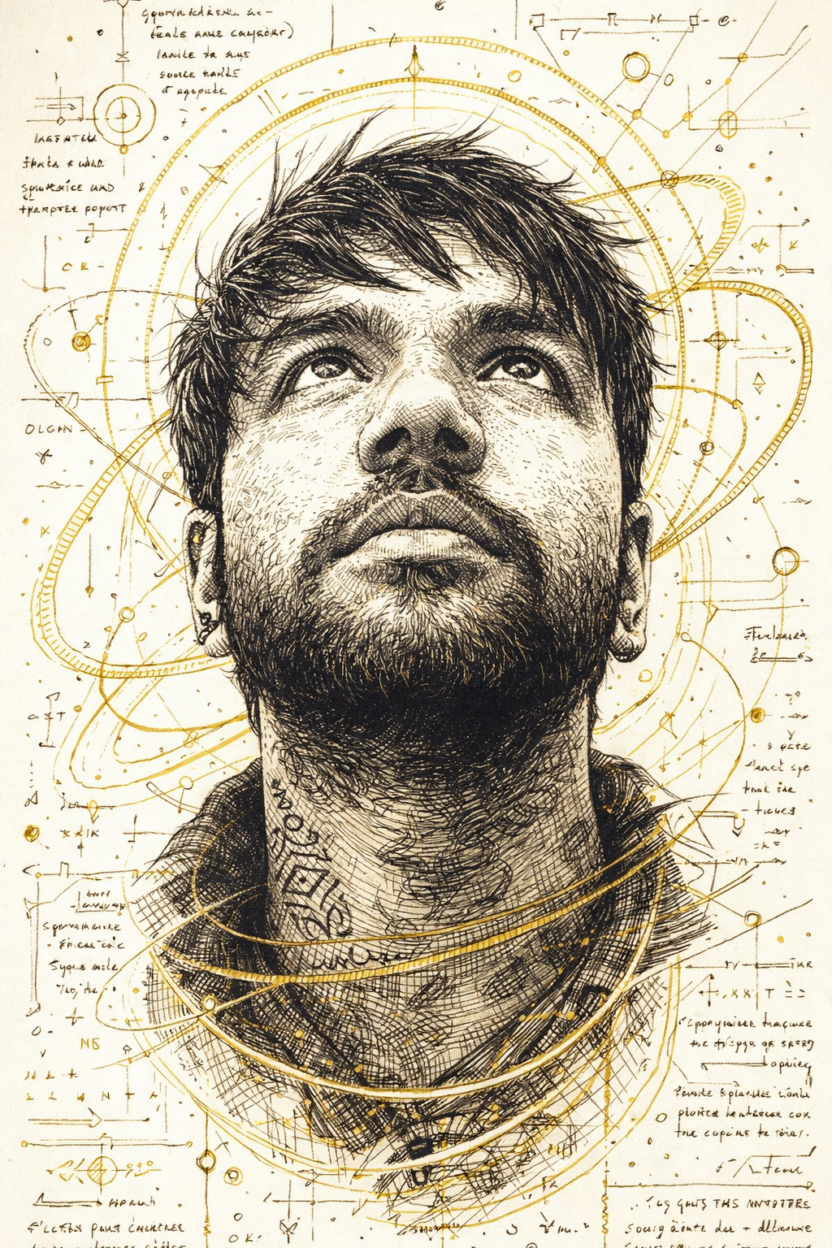Ink & Gold: A Futuristic Hand-Drawn Portrait Blending Sacred Geometry ...